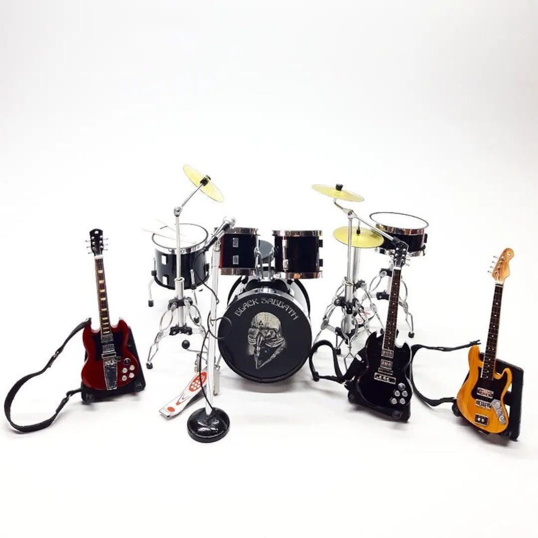 Miniature Drum Set Black Star + 3 Guitars Free Strap Mic Musical ...