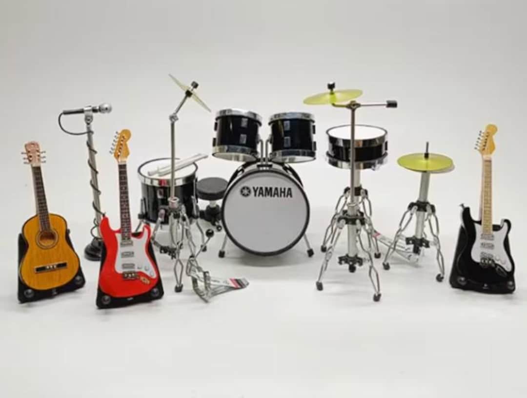 Miniature Drum Set Band Rock Black + 3 Guitars and Mic Musical Display ...