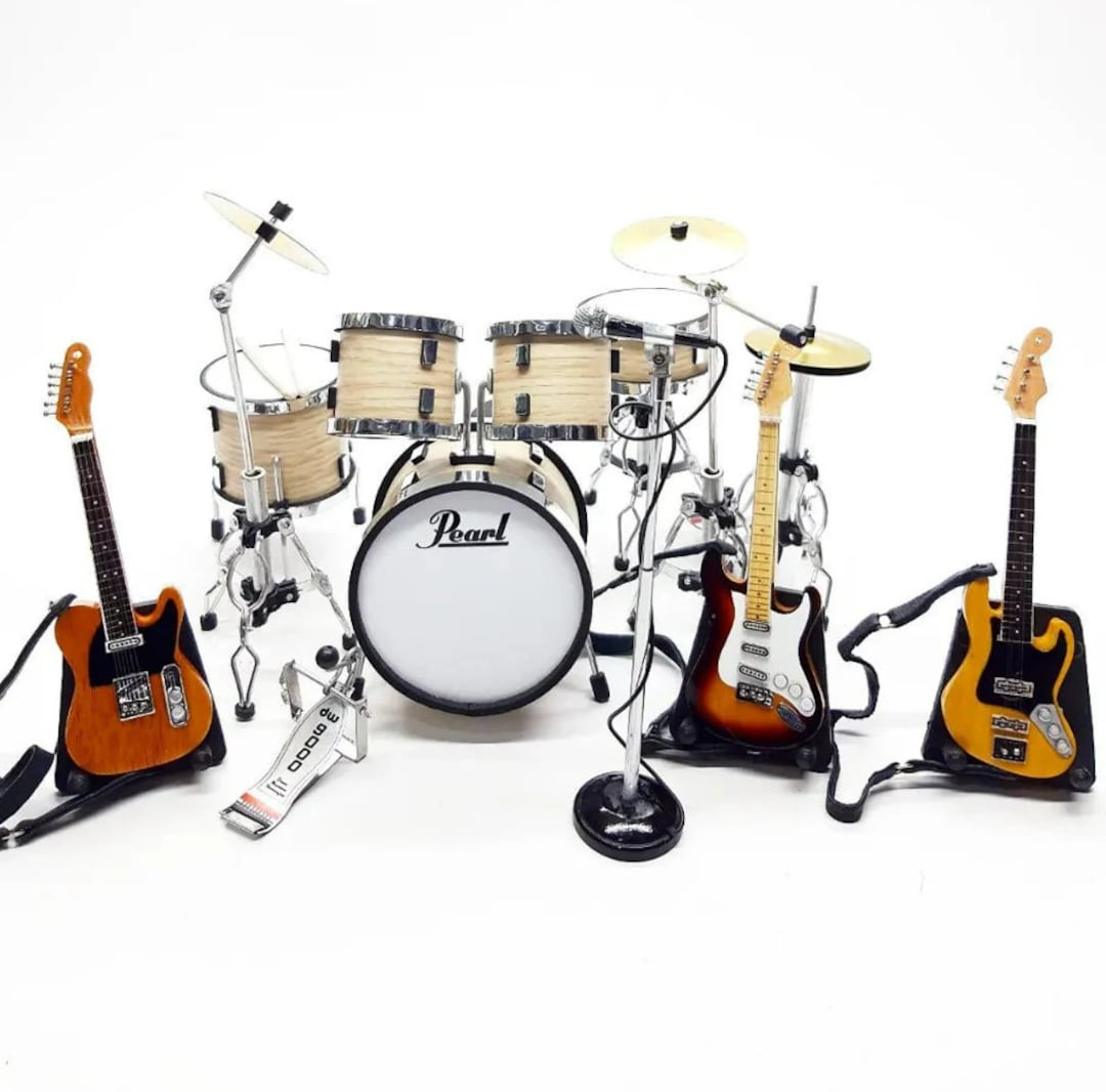 Miniature Drum Set Natural Beige + 3 Guitars Free Strap + Mic Musical ...