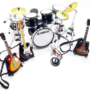 Miniature Drum Set Full Black Star + 3 Guitars Free Strap Mic Musical ...