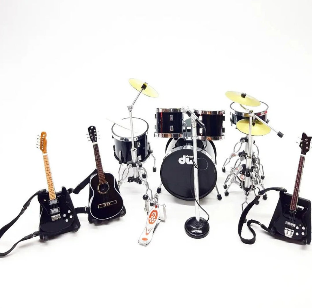 Miniature Drum Set Full Black + 3 Guitars With Strap Mic Instrument ...