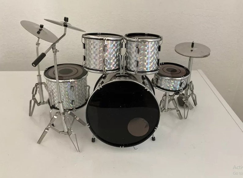 Miniature Drum Kit Silver Mini Band Rock Instrument Musical Display and ...