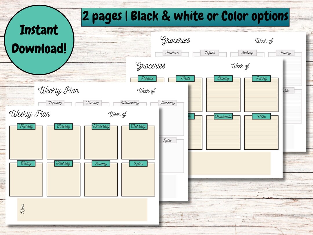 Weekly Planner & Grocery List Printable | Weekly Schedule Menu Template ...