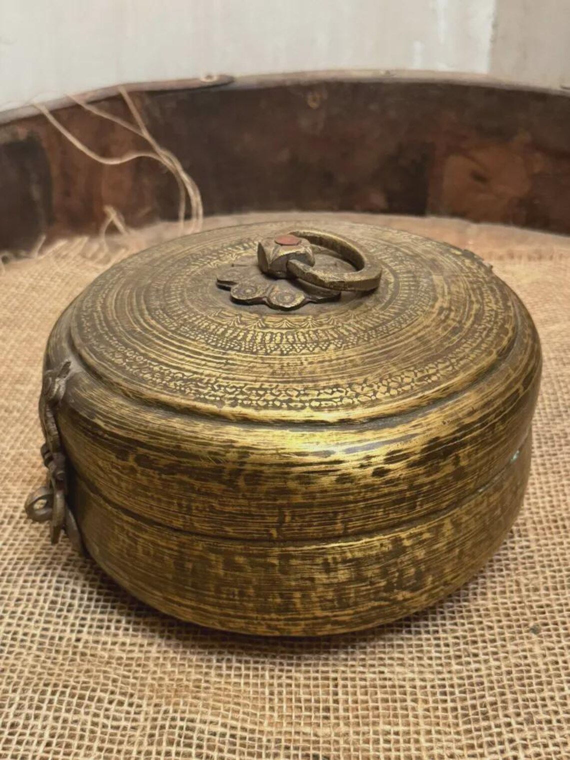 Brass Vintage Tiffin Box, Hand Carved Round Big Roti Storage Container ...