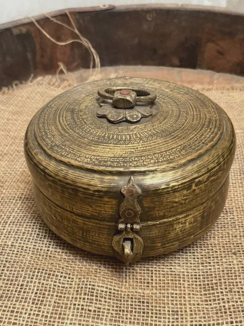 Brass Vintage Tiffin Box, Hand Carved Round Big Roti Storage Container ...