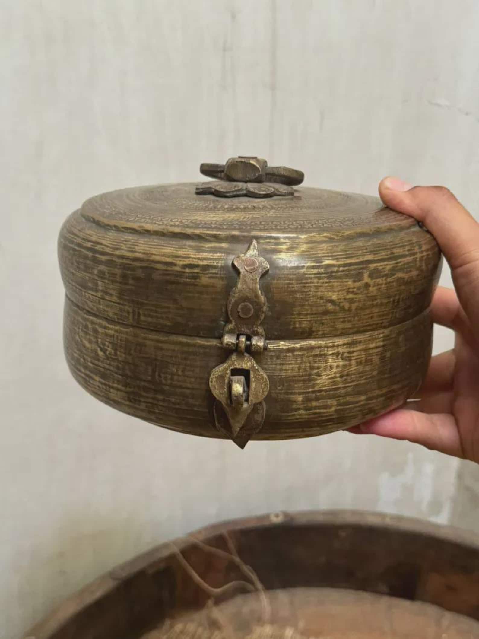 Brass Vintage Tiffin Box, Hand Carved Round Big Roti Storage Container ...