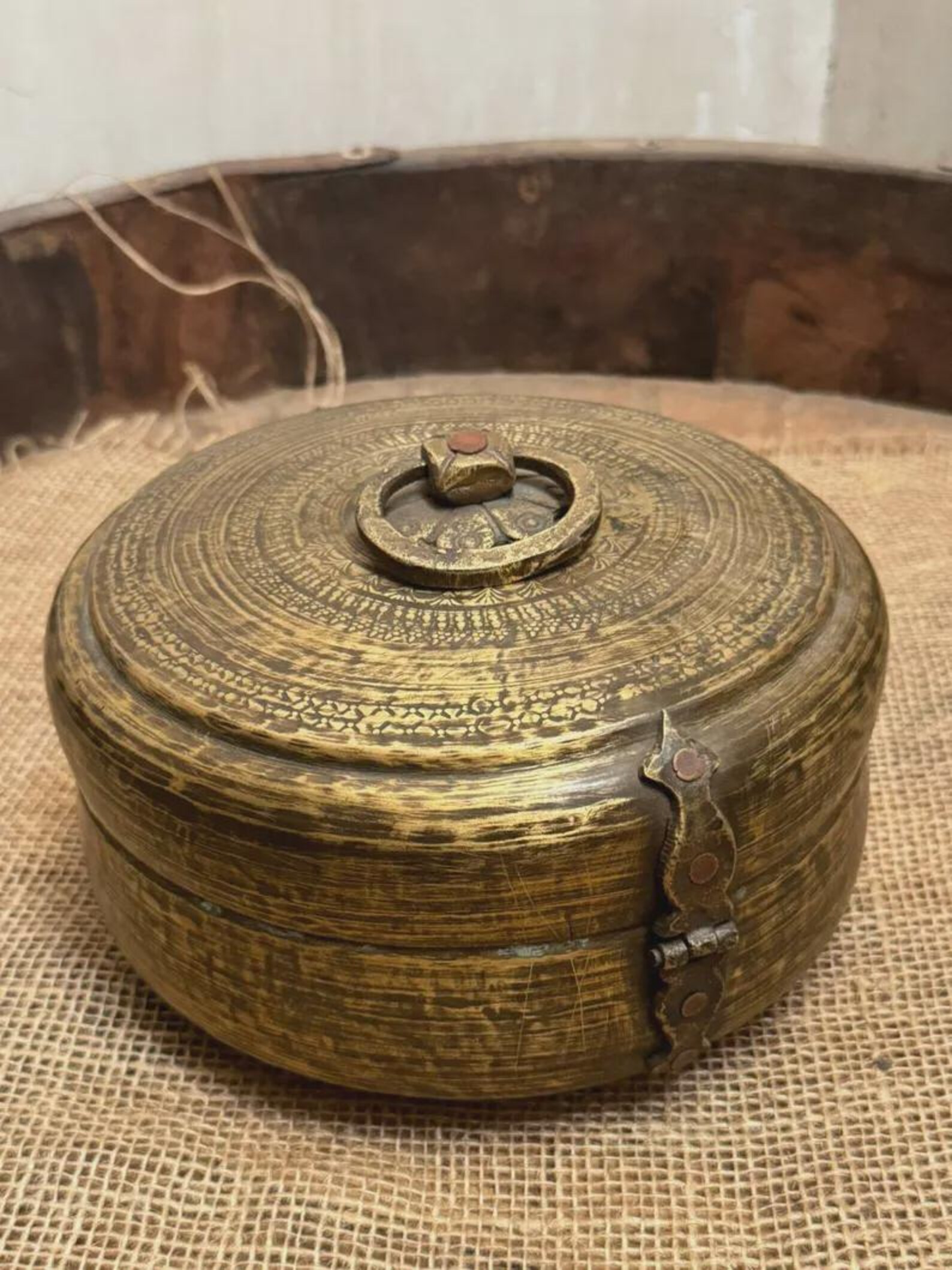 Brass Vintage Tiffin Box, Hand Carved Round Big Roti Storage Container ...