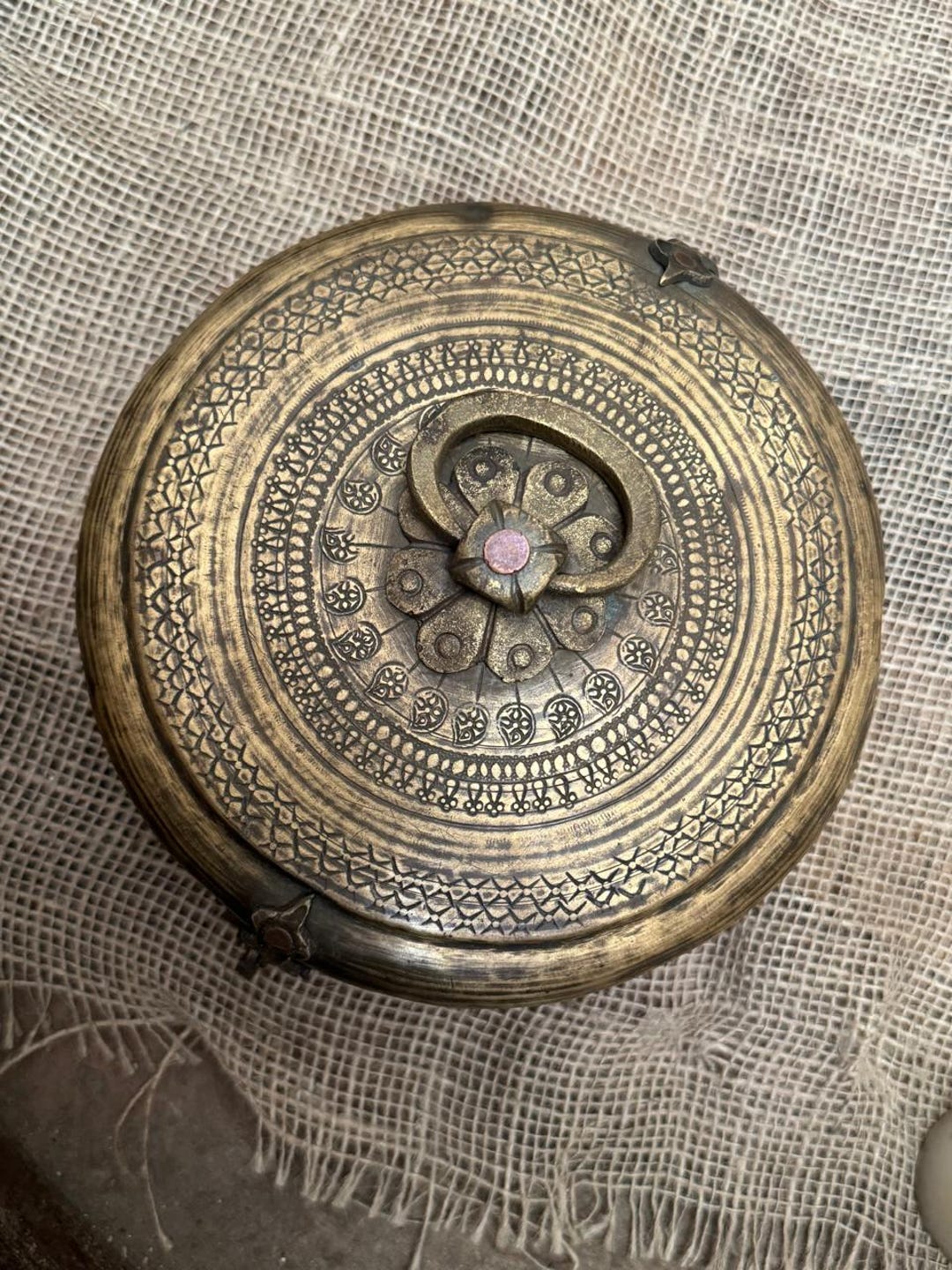 Brass Vintage Tiffin Box, Hand Carved Round Big Roti Storage Container ...