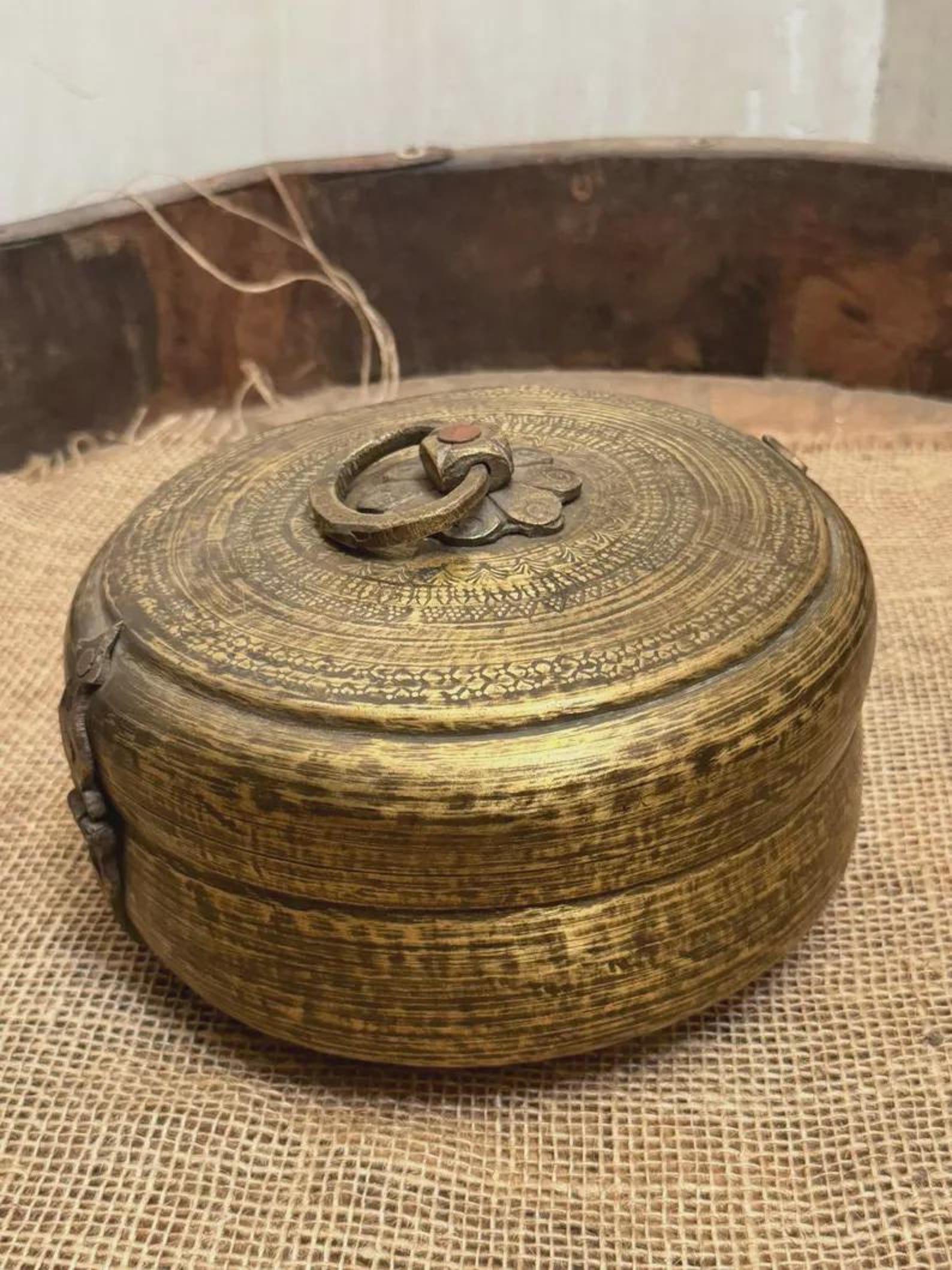 Brass Vintage Tiffin Box, Hand Carved Round Big Roti Storage Container ...