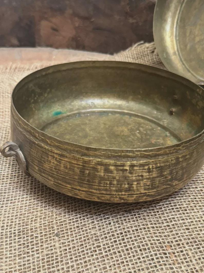 Brass Vintage Tiffin Box, Hand Carved Round Big Roti Storage Container ...