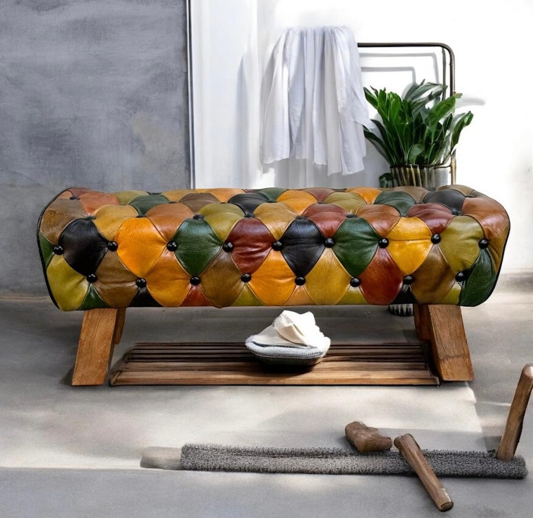 Handcrafted Leather Ottoman Bench: Multicolor Boho Entry Bench - Etsy