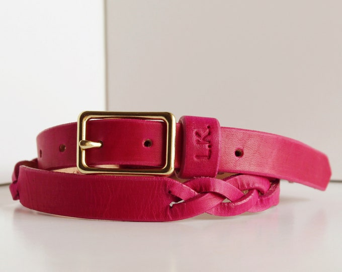 Personalized Pink Leather Belt, Braided Belt for Girls, Custom Belt for ...