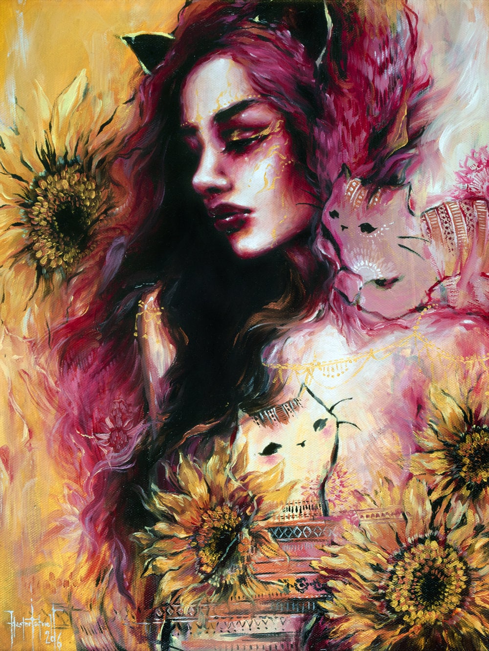 Sunkitten [print] Fine Art Oil Painting, Cats, Sunflowers - Etsy