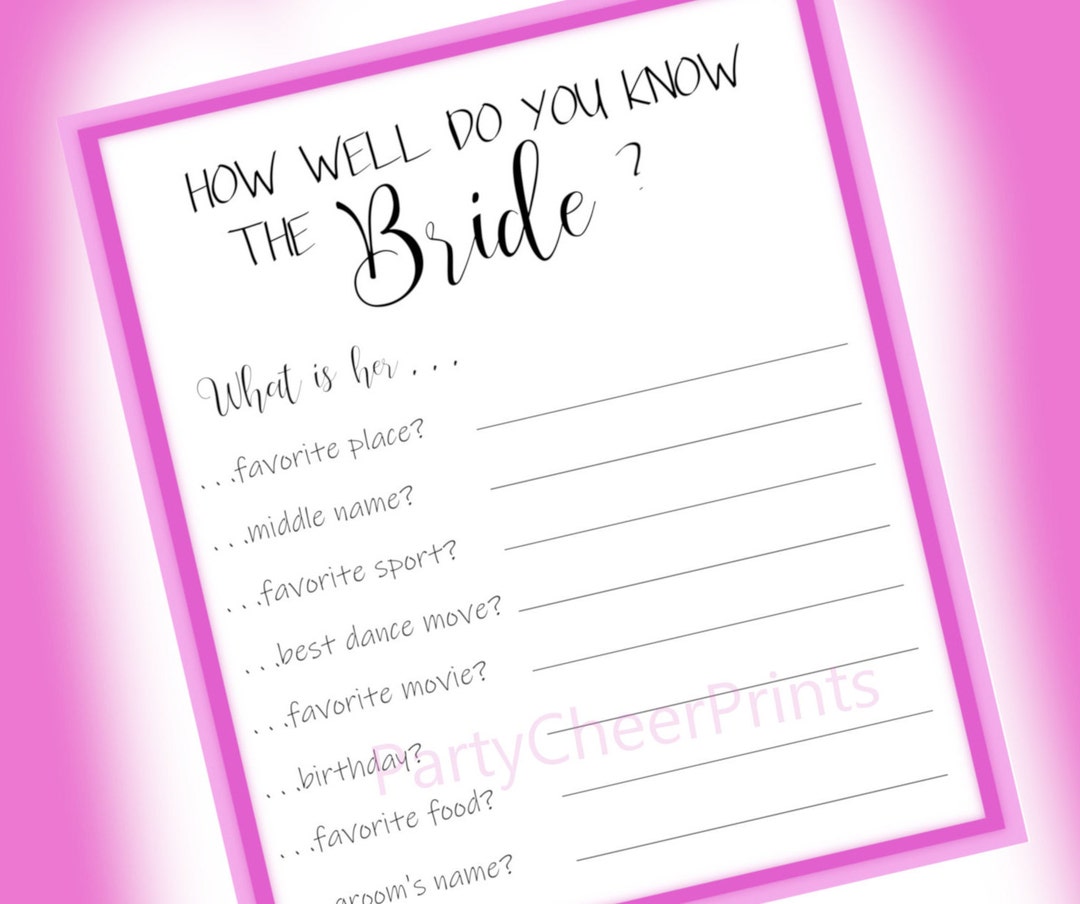 How Well Do You Know the Bride, Bridal Shower Party Game Printable ...