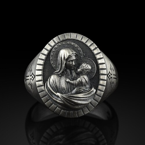 Mary With Child Mens Signet Ring for Men in Sterling Silver - Etsy