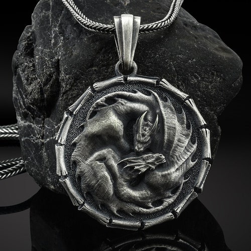 Round Dragon Necklace Silver Men Dragon Pendant Mythical - Etsy