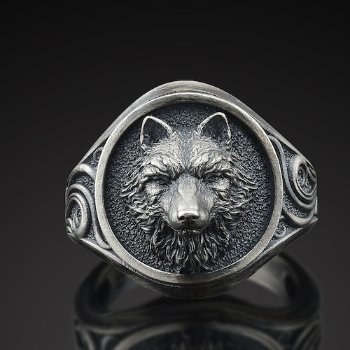 Wolf Head Mens Ring Silver Wolf Ring Silver Shield Mens | Etsy