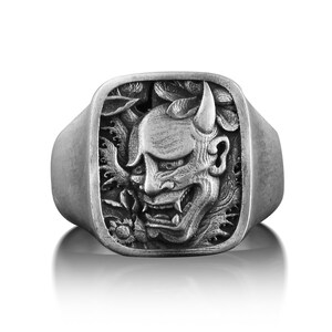 Oni Japanese Art Mens Ring in Silver, Demon Engraved Signet Ring for ...