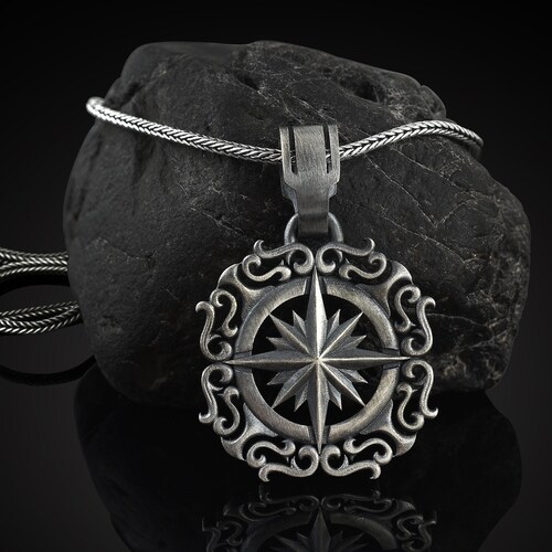 Mens Compass Necklace Silver Mens Necklace Small Compas - Etsy