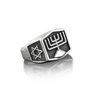 Menorah Jewish Pinky Signet Ring Men, Star of David Ring in Oxidized ...