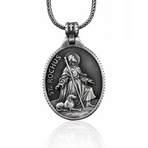 Silver Saint Roch Patron Men Necklace, St Roch Against Plague Medallion ...