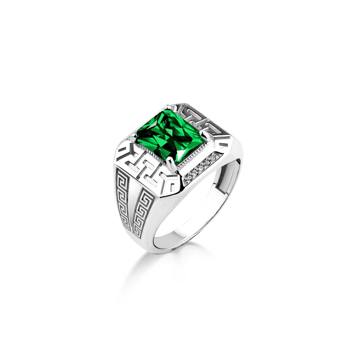 Greek Pattern With Emerald Stone Men Silver Ring, Sterling Silver Green ...