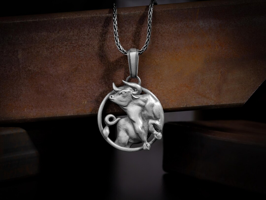 Bull Unique Mens Pendant Necklace in Sterling Silver, Zodiac Taurus ...