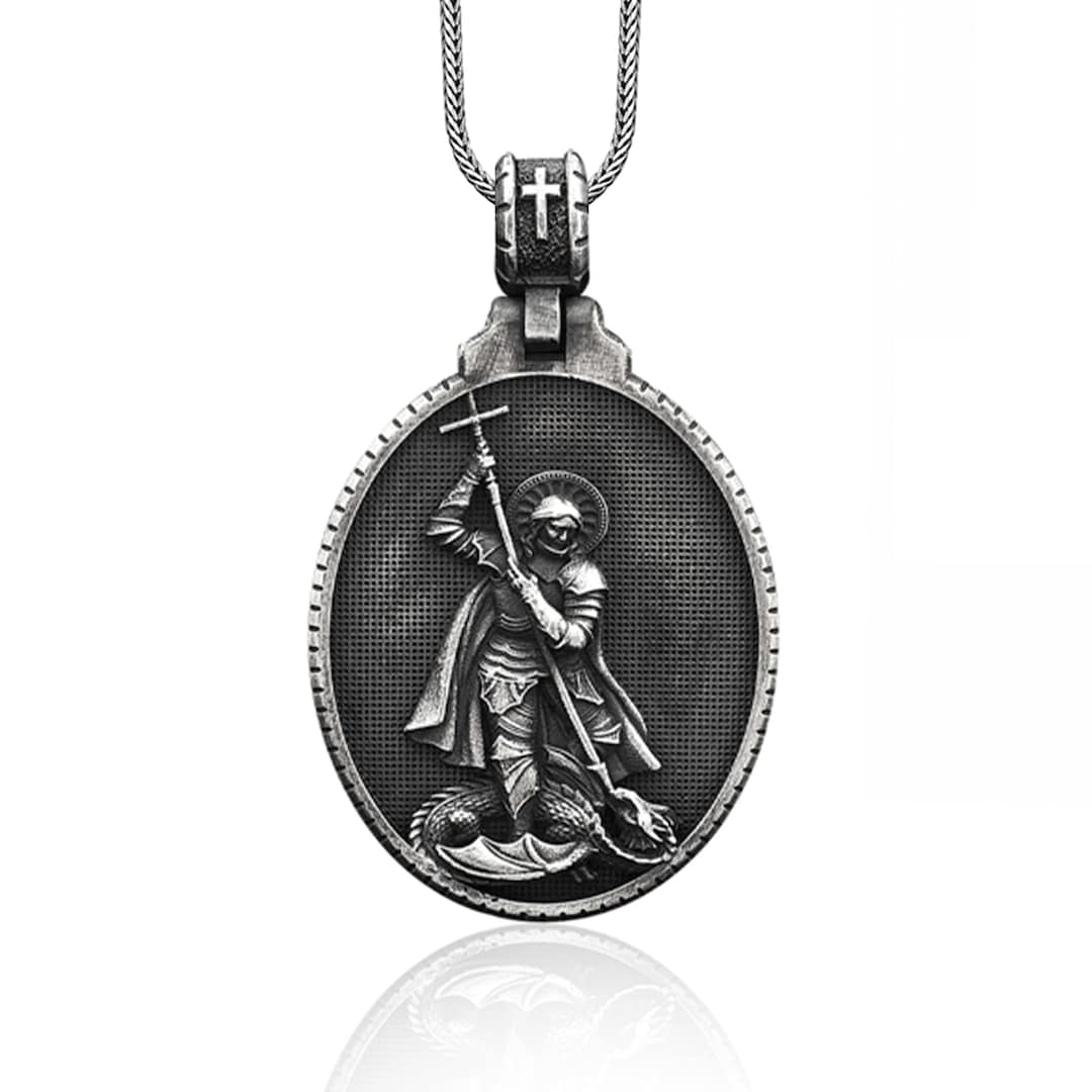 Silver Saint George Mens Necklace Saint George With Dragon - Etsy