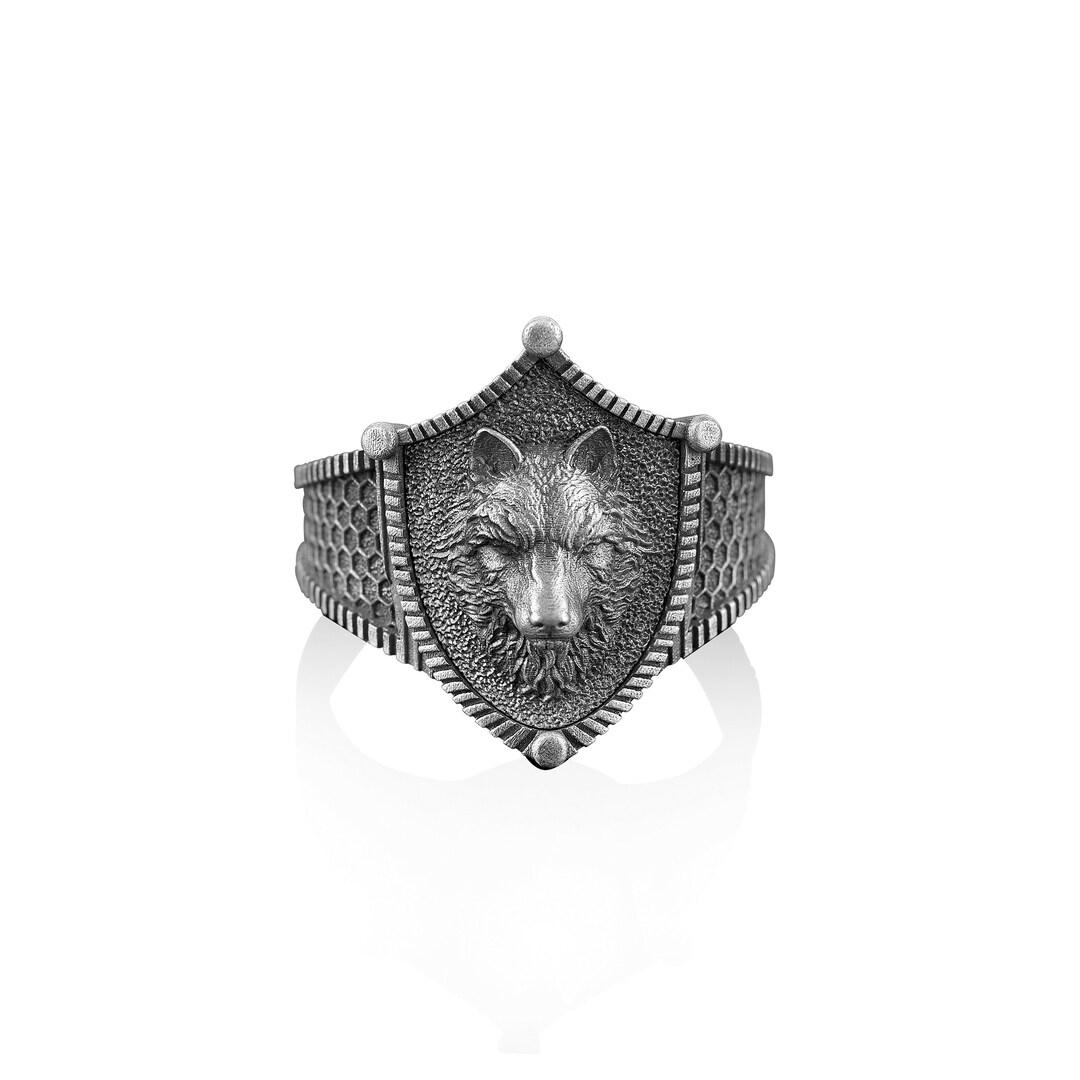 Wolf Head Mens Ring, Silver Wolf Ring, Silver Shield Mens Ring ...