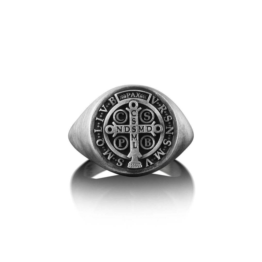 St Benedict Signet Pinky Ring for Men in Sterling Silver, Extraordinary ...