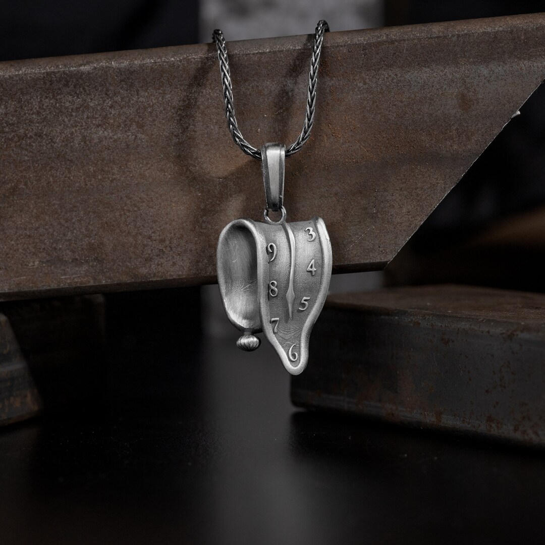 Salvador Dali Melting Clocks Silver Necklace Pendant for Men, Oxidized ...