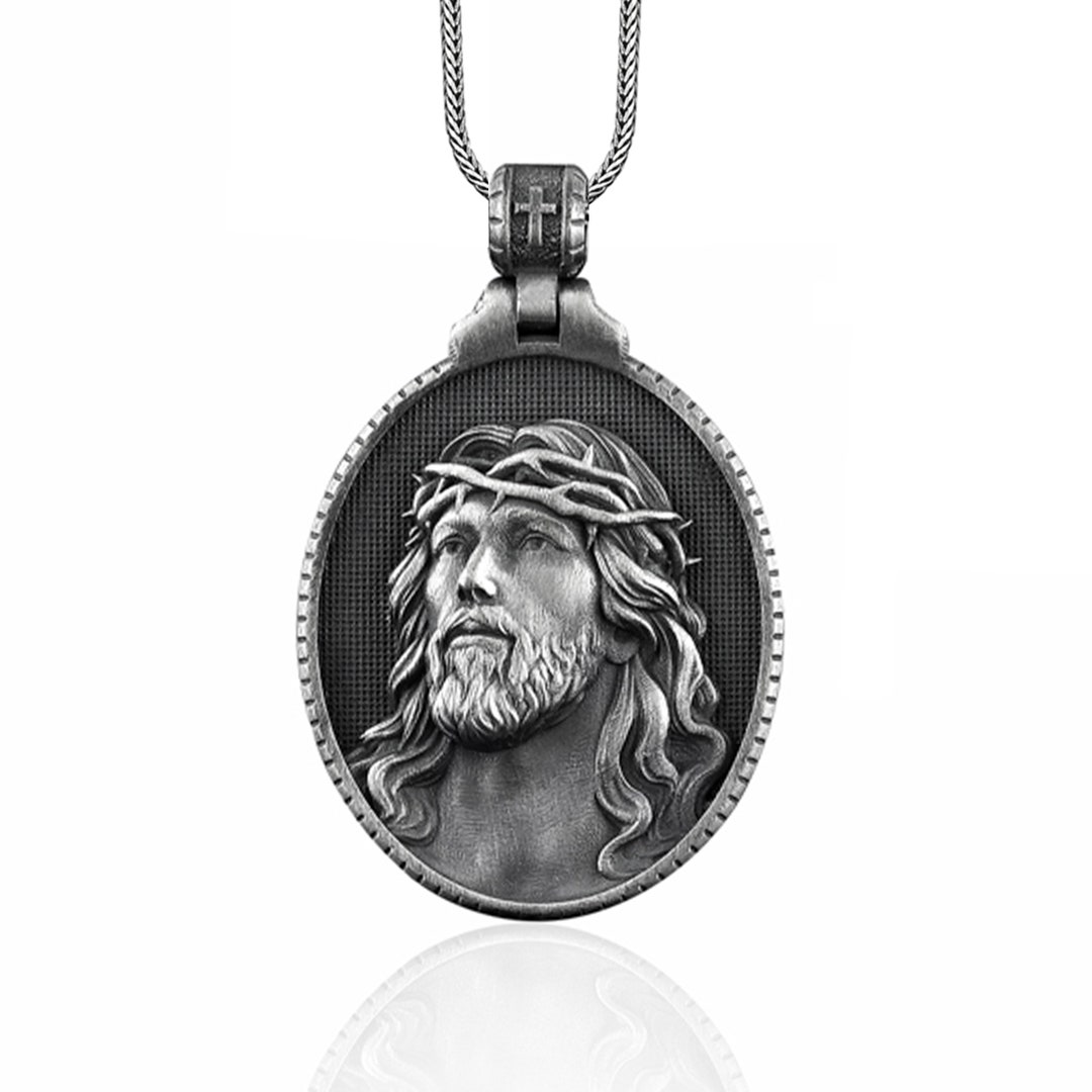 Silver Jesus Mens Necklace, Christ Jesus Solid Silver Man Medallion ...