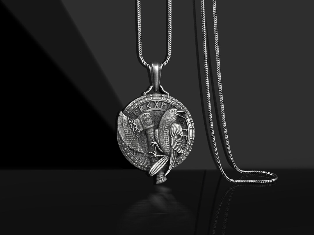 Viking Medallion Necklace With Raven and Axe Sterling Silver - Etsy