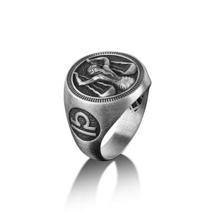 Libra Engraved Signet Ring for Men, Male Pinky Ring in Sterling Silver ...