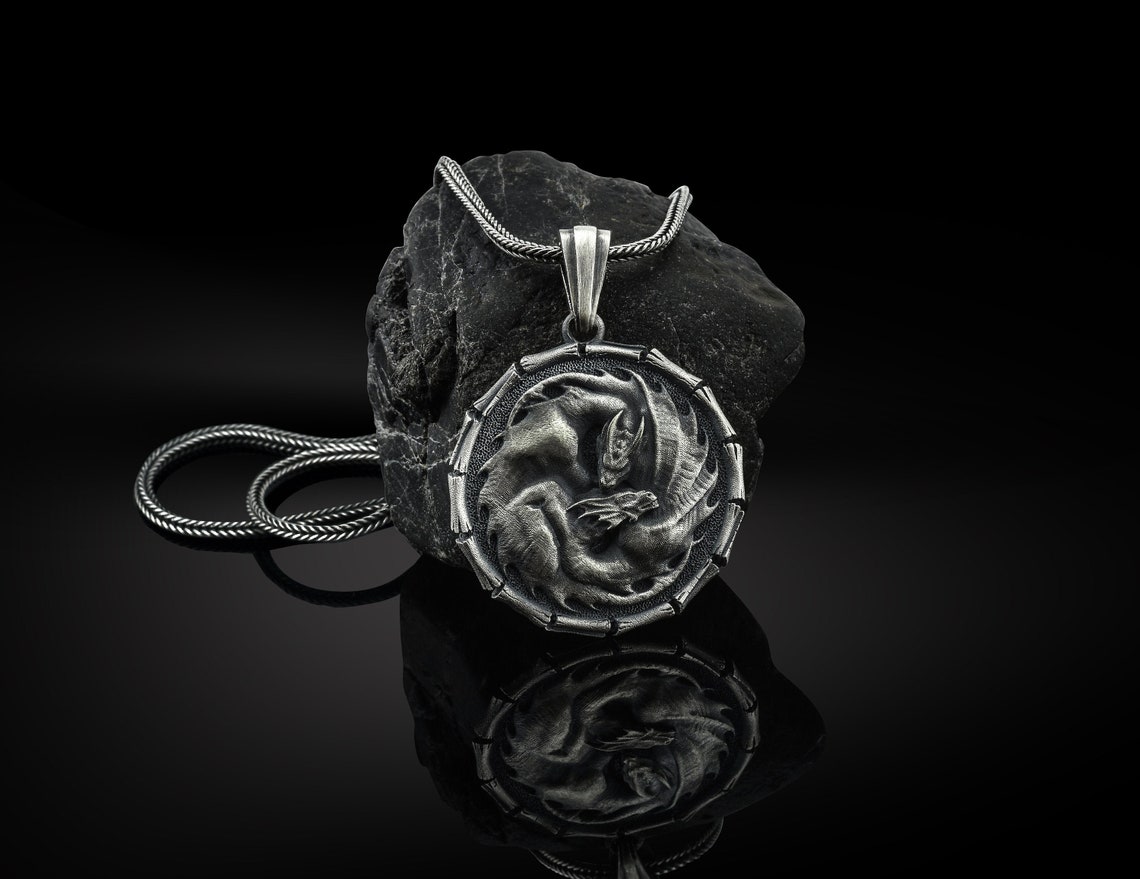 Round Dragon Necklace Silver Men Dragon Pendant Mythical - Etsy