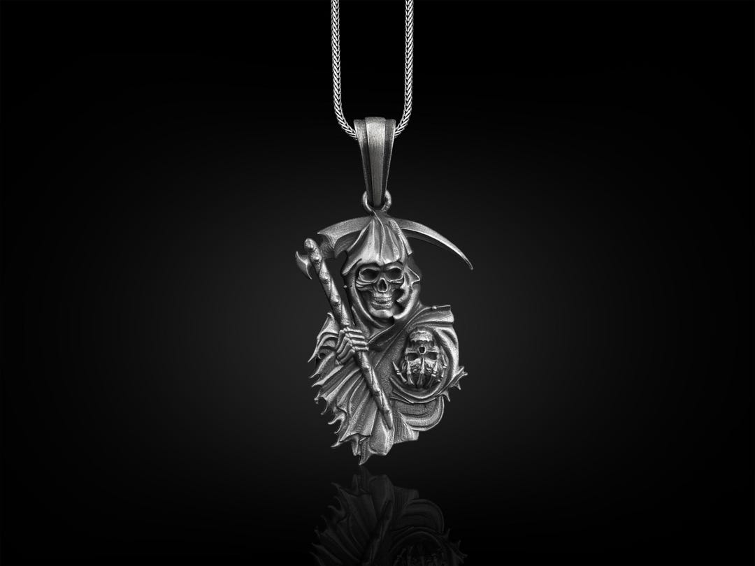 Grim Reaper Pendant Necklace for Men, Oxidized Gothic Skeleton Necklace ...