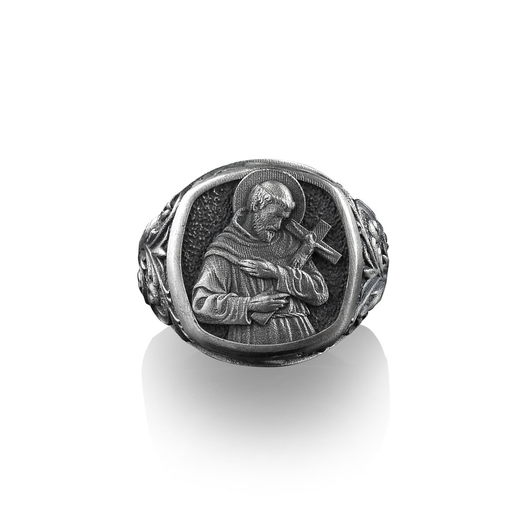 Saint Francis of Assisi Ring, Sterling Silver Square Signet Men's Ring ...