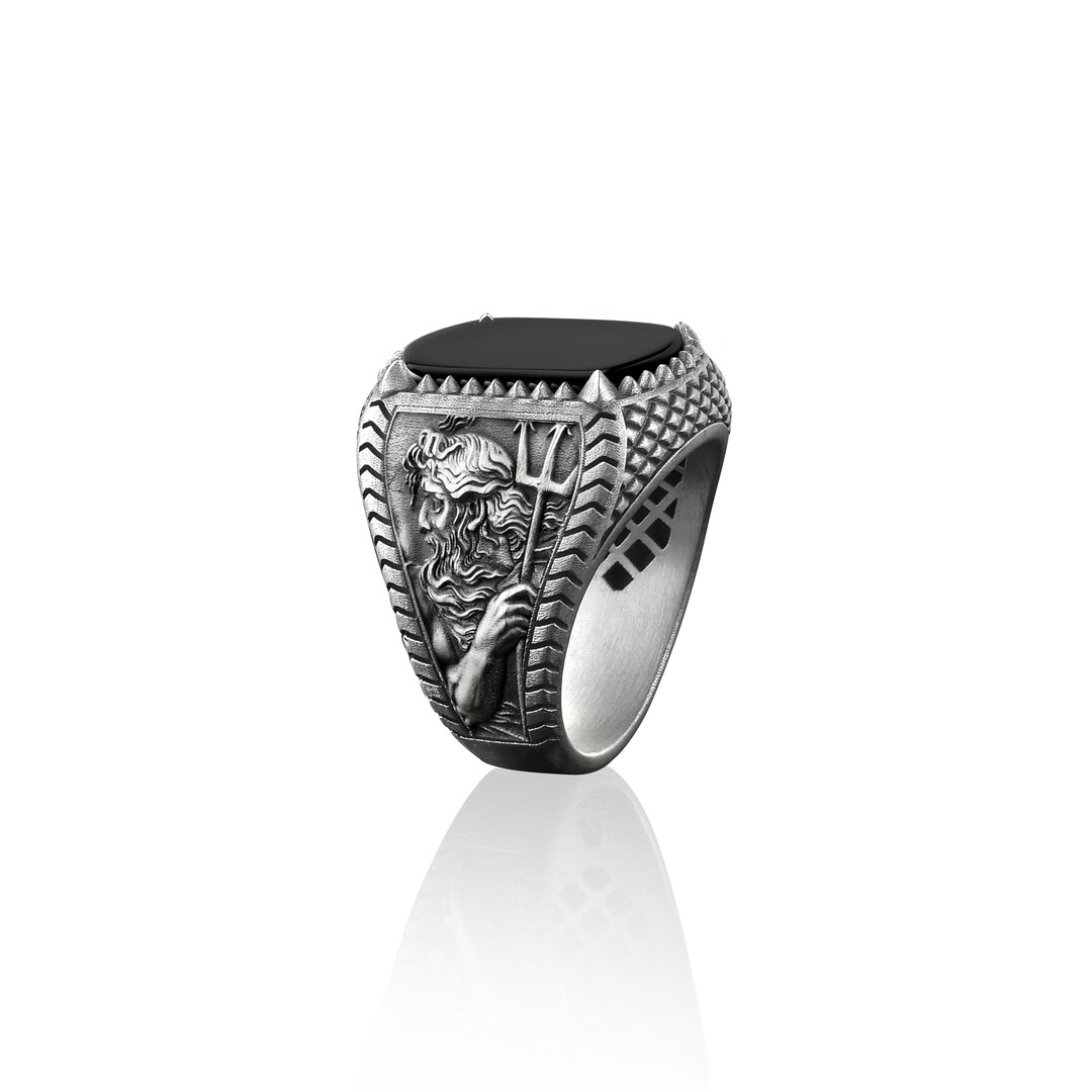Greek God Poseidon Black Onyx Signet Men Ring, Ancient Greek God of the ...