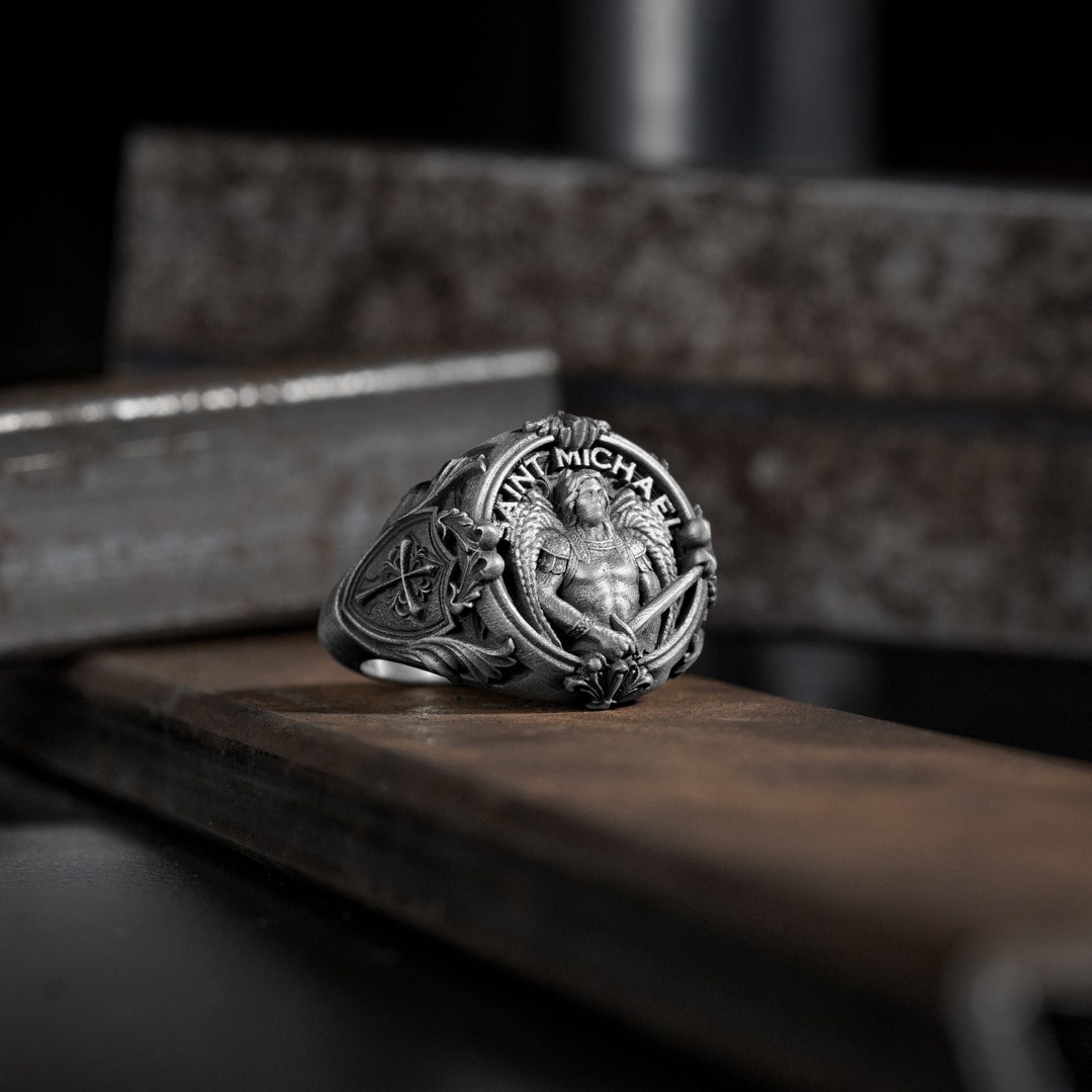 Saint Michael Archangel Silver Ring for Men, St Archangel Shield Sword ...