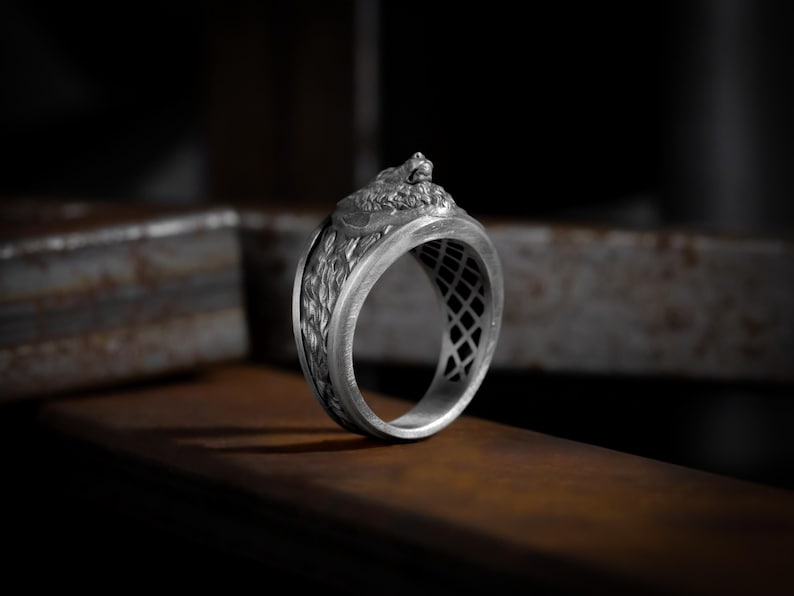 Angry Wolf With Moon Silver Men Ring , Celtic Fenrir Wolf Band Ring for ...