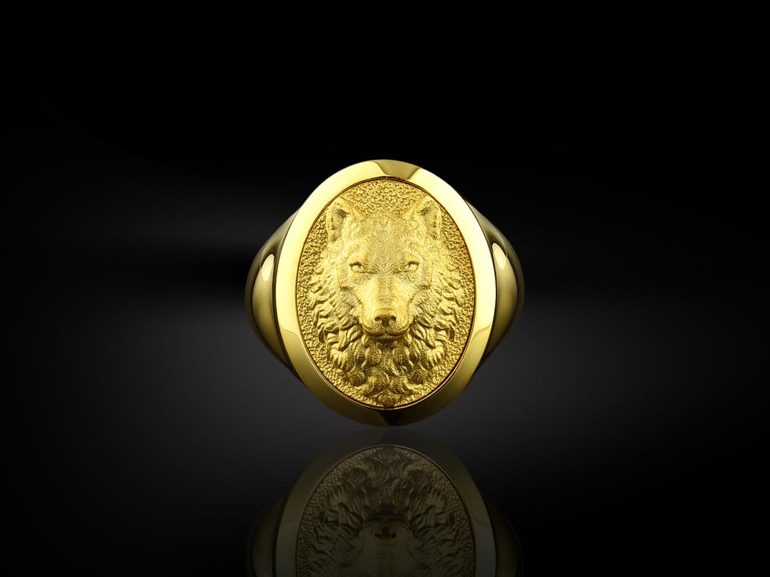 Male Wolf in Oval 14k Gold Signet Ring, Scandinavian Wolf Head Mens ...