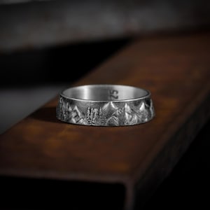 Big Mountain Wedding Band Ring for Men in Sterling Silver, Travel ...