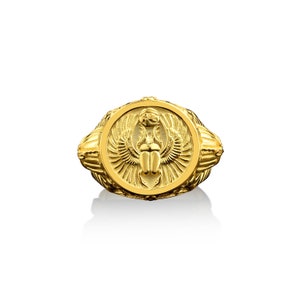 14k Gold Eygptian Scarab Signet Ring With Engraved Pharaoh on Side, 18k ...