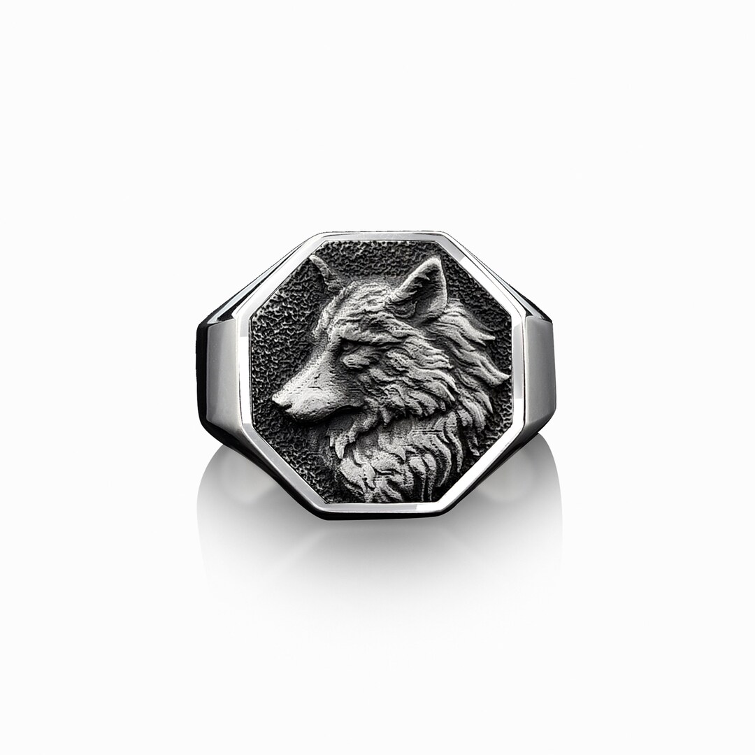 925 Silver Wild Wolf Signet Mens Ring, Handmade Alpha Wolf Man Ring ...