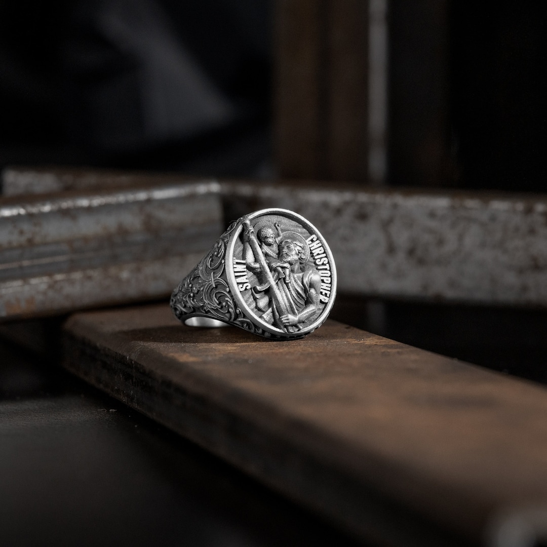 Sterling Silver Signet Men Ring With Saint Christopher and Baby Jesus ...