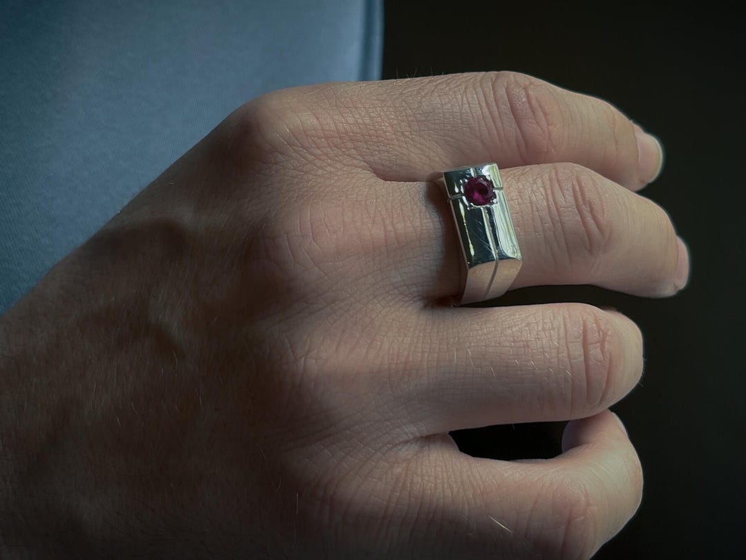 Red Ruby Mens Solitare Ring in Sterling Silver, Ruby Statement Ring for Men, Male Promise Ring ...