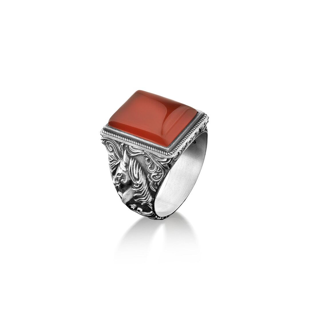 Red Agate Statement Ring for Mens, Engraved Unicorn Rectangle Red Agate ...