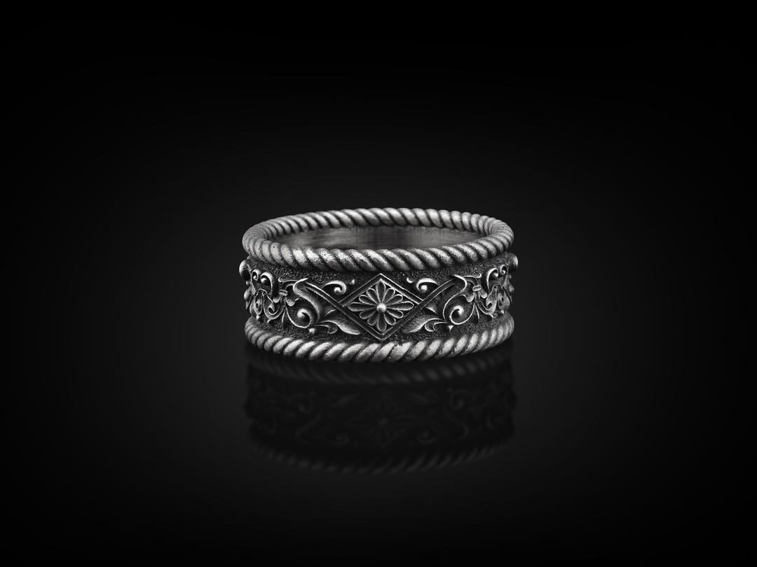 Flower and Leaves Handmade Patterns Sterling Silver Men Band Ring ...