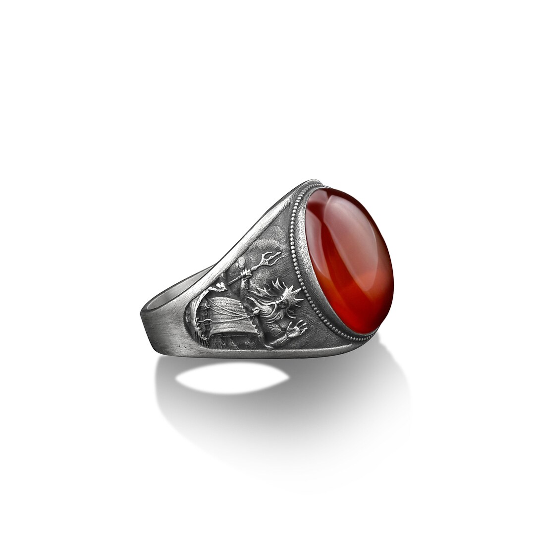 Roman God of the Seas Neptune Engraved Red Agate Signet Ring, Oval Cut ...