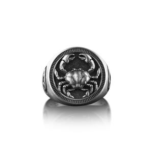 Cancer Zodiac Sign Mens Ring in Silver, Zodiac Pinky Signet Ring in ...